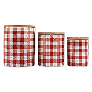 DII Ceramic Canister Sets for the Kitchen Food Safe Storage Containers with Lids, Large, Medium & Small, Buffalo Check, Red & White, 3 Count