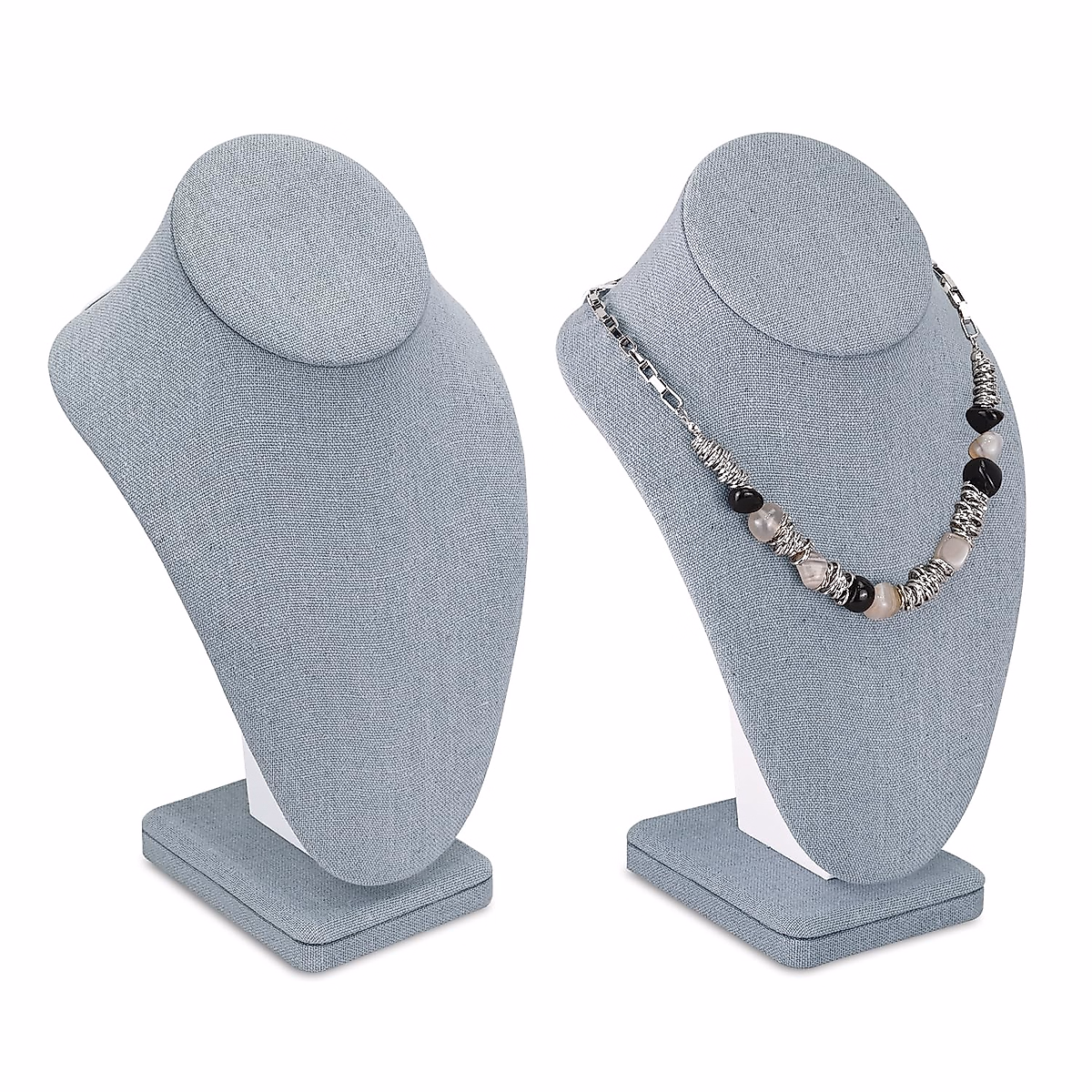 MOOCA 2 Pcs Linen Covered Wood Necklace Display Busts - Elegant Jewelry Chain Mannequins for Necklaces - 6 3/8 W x 4 1/4 D x 10 H in, Dim Grey