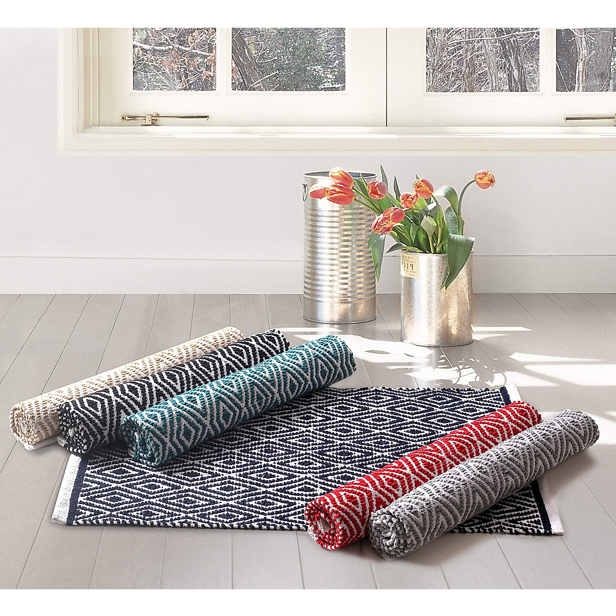 THE BEER VALLEY Cotton Diamond Rug 21x34 Inches - Linen, Reversible Machine Washable Accent Rugs for Bedroom, Kitchen, Entryway, Bathroom