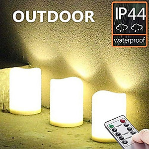 Set of 3 Outdoor IP44 Warm White LED Rainproof Waterproof Flameless Battery LED Pillar Candles with Remote and Timer, Plastic, Won't Melt, Weather Resistant Design 3 x 4", Timer 24hours