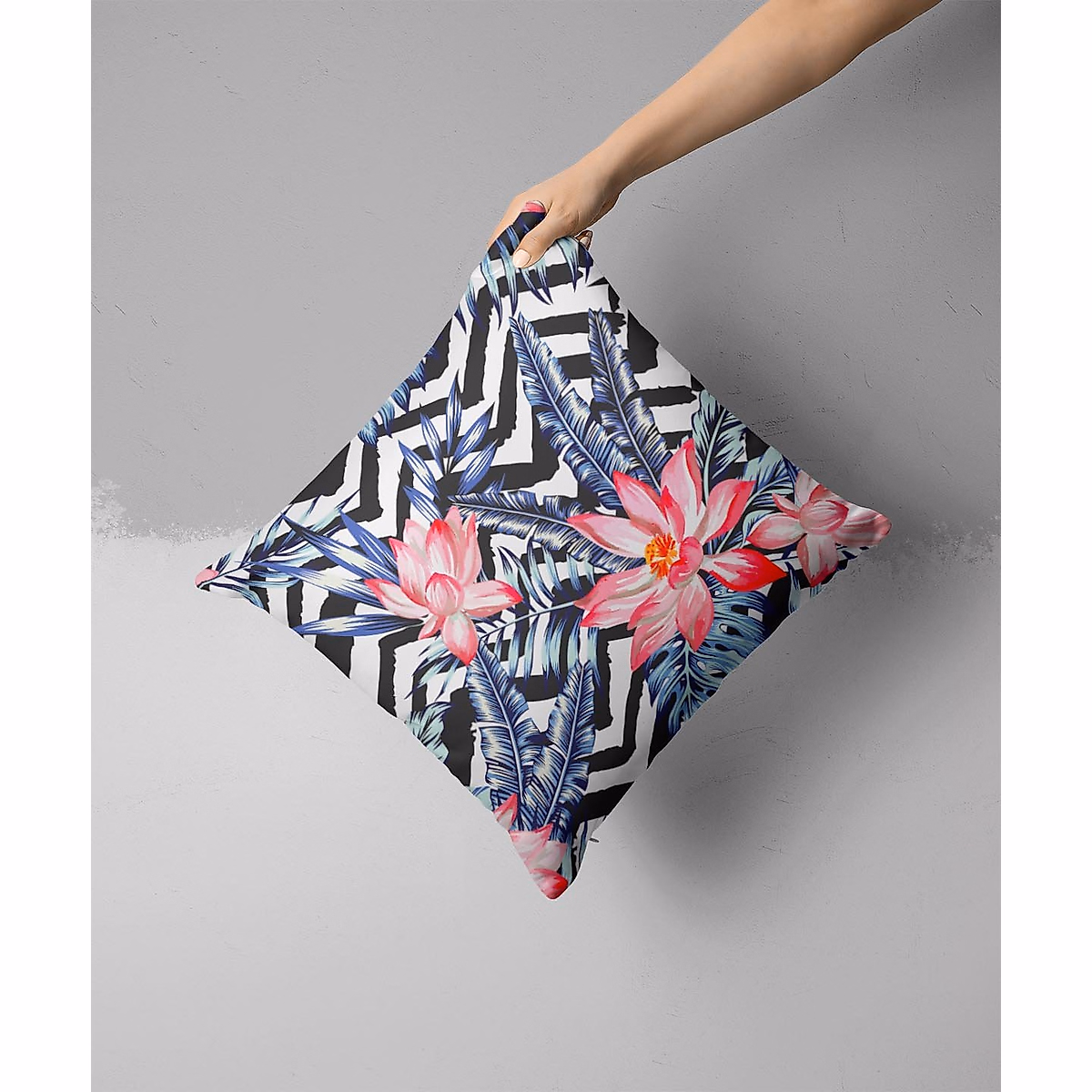 iiRov Summer Design Ink-Fuzed Decorative Throw Pillow - Vivid Tropical Chevron Floral v1