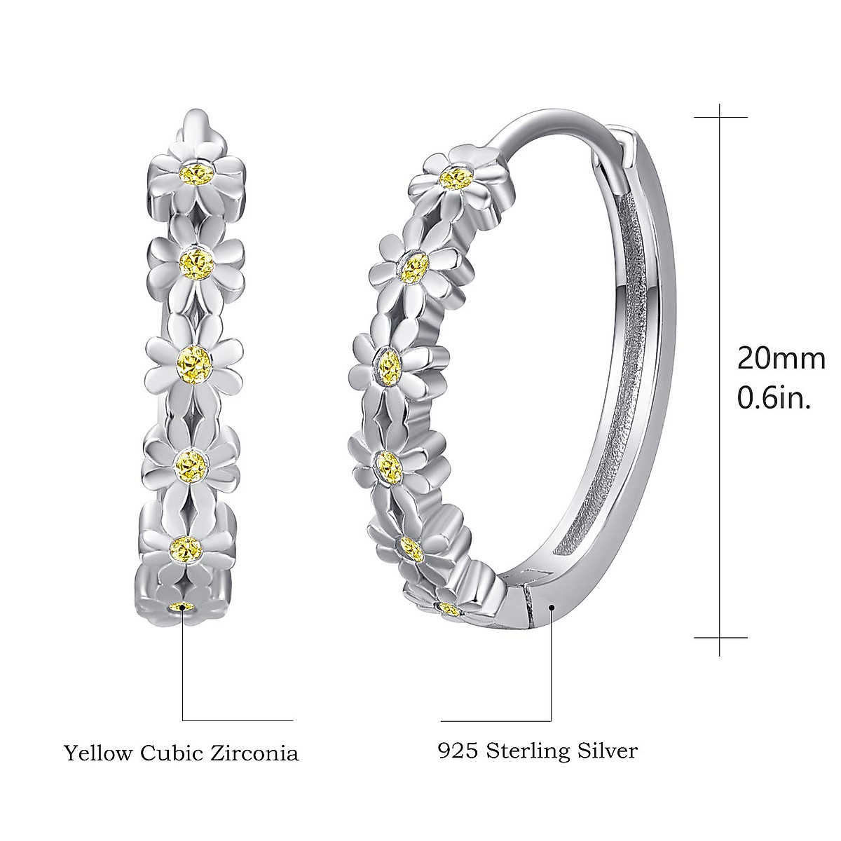 KINGWHYTE Daisy Hoop Earrings 925 Sterling Silver Lucky Flower Earrings Small Huggie Earrings Daisy Fashion Jewelry Gifts for Women 20mm
