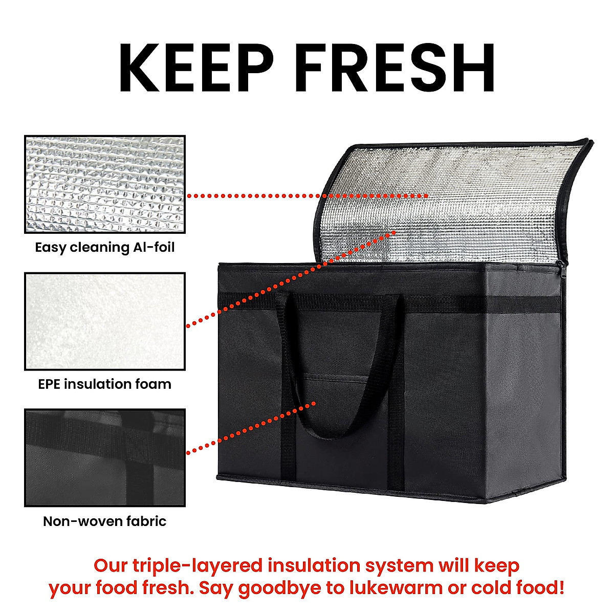 NZ home Insulated Cooler Bag and Food Warmer (XL Plus, 2 Pack) for Delivery & Grocery Shopping with Zippered Top, Gray