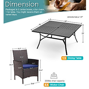 PHI VILLA 9 Pieces Square Outdoor Dining Set for 8, 60” Metal Iron Dining Table & Rattan Wicker Chairs with Cushions, Large Dining Furniture Set for Patio, Deck, Yard, Porch
