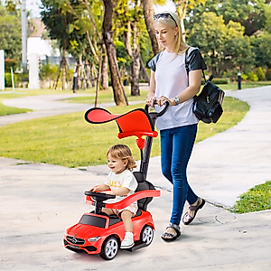 Costzon Push Car for Toddlers, 3 in 1 Mercedes Benz Stroller Sliding Walking Car w/Canopy, Handle, Safety Bar, Cup Holder, Music, Underneath Storage, Foot-to-Floor Ride On Toy for Boys & Girls, Red