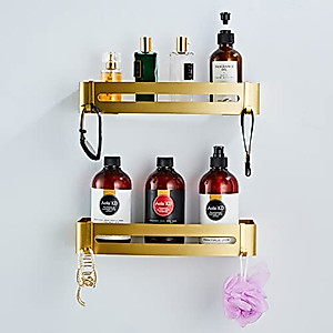 Brushed Gold Shower Shelf Adhesive or Drilling Shower Caddy Bathroom Cosmetic Shelf with Hooks