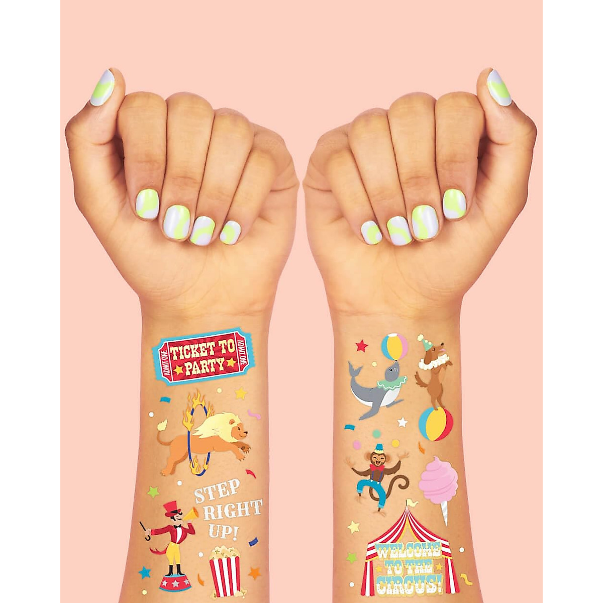 xo, Fetti Circus Party Temporary Tattoos - 42 Gold + Silver Foil Styles | Circus Birthday Party Supplies, Carnival Party Favors, Circus Animals Temp Tats, Clown Arts and Crafts