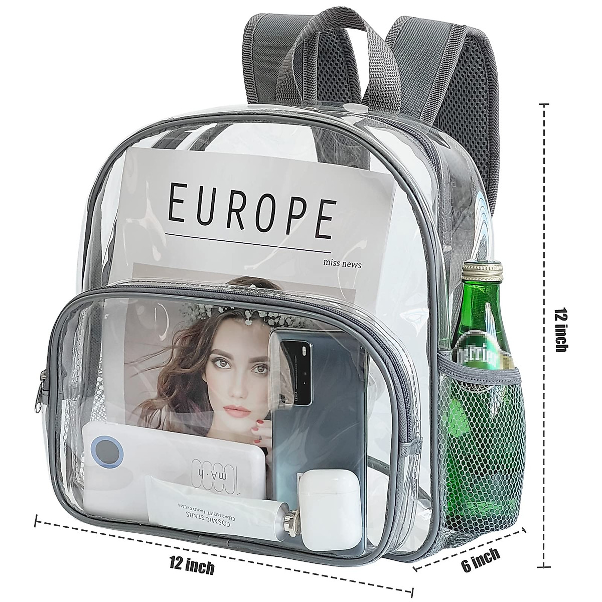 Clear Backpack Stadium Approved 12x12x6 Heavy Duty PVC Plastic Transparent Backpack Small See Through Mini Clear Backpacks for Festival Venues Games Sport Event Concert School Security Travel,Gray