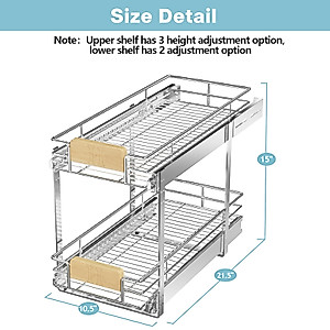LOVMOR 2 Tier Pull Out Cabinet Organizer 10½" W x 21½" D, Slide Out Drawers with Wooden Handle, Sliding Shelves Organization and Storage for Kitchen, Pantry