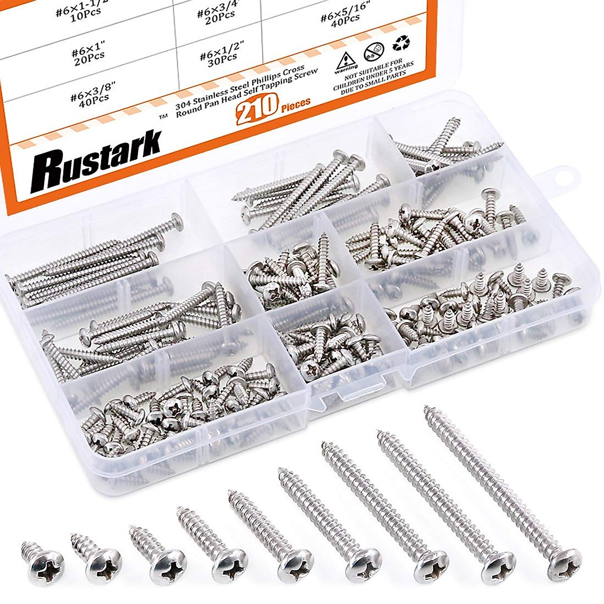 Rustark 210-Pcs [# 6 5/16'' to 1-1/2''] 304 Stainless Steel Round Pan Head Phillips Cross Wood Screws Drive Self Tapping Drilling Screws Assortment Kit