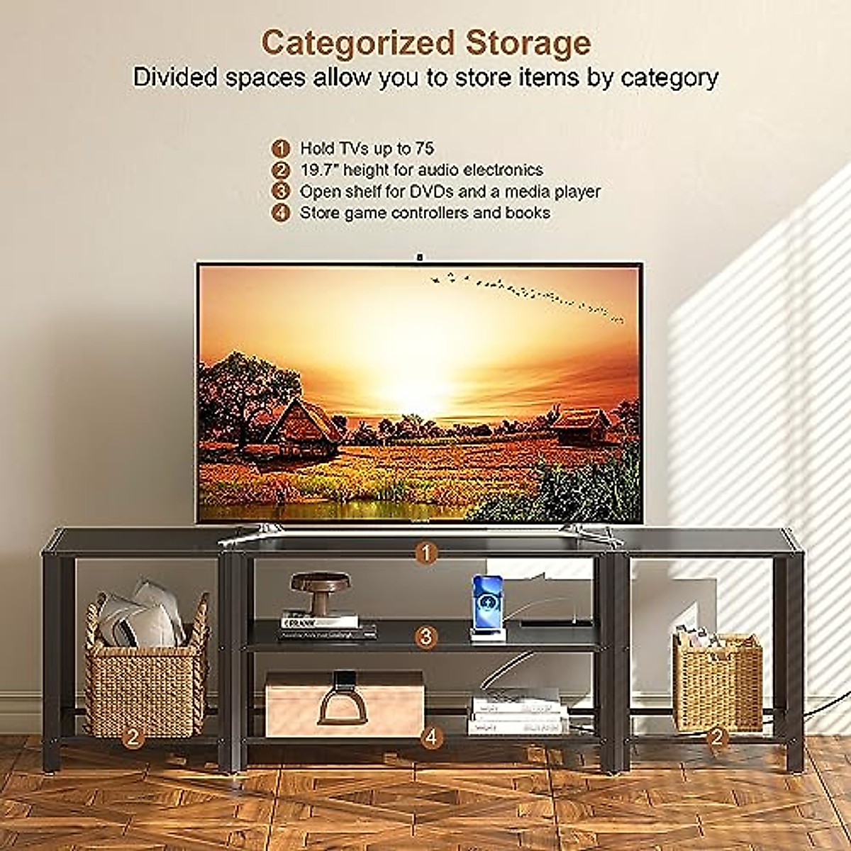 Tantmis Industrial TV Stand with Power Outlet for 55/65/70/75 inch TVs, 3-Tier Entertainment Center, TV Console Table with Open Storage Shelves, Wood TV Stand for Living Room, Bedroom, Black