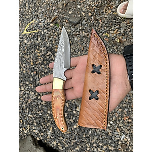 NUSHBA 014 handmade Damascus Steel Hunting Skinner knife with Cow Brown Leather Sheath Fixed blade knives for men
