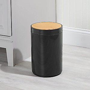 mDesign Plastic Round Trash Can Small Wastebasket - Garbage Bin Container with Swing-Close Lid - Bathroom Garbage Basket - Holds Waste, Recycling - 1.3 Gallon - Basa Collection - Black/Natural