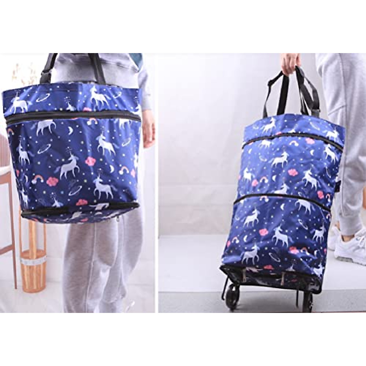 Upgrade Shopping Bag with Wheels Portable Trolley Bags Grocery Cart Hand Pulling Utility with Hand Straps Folding Shopping Cart- Larger Size & Waterproof & Strong(B0B8Y31PS5)
