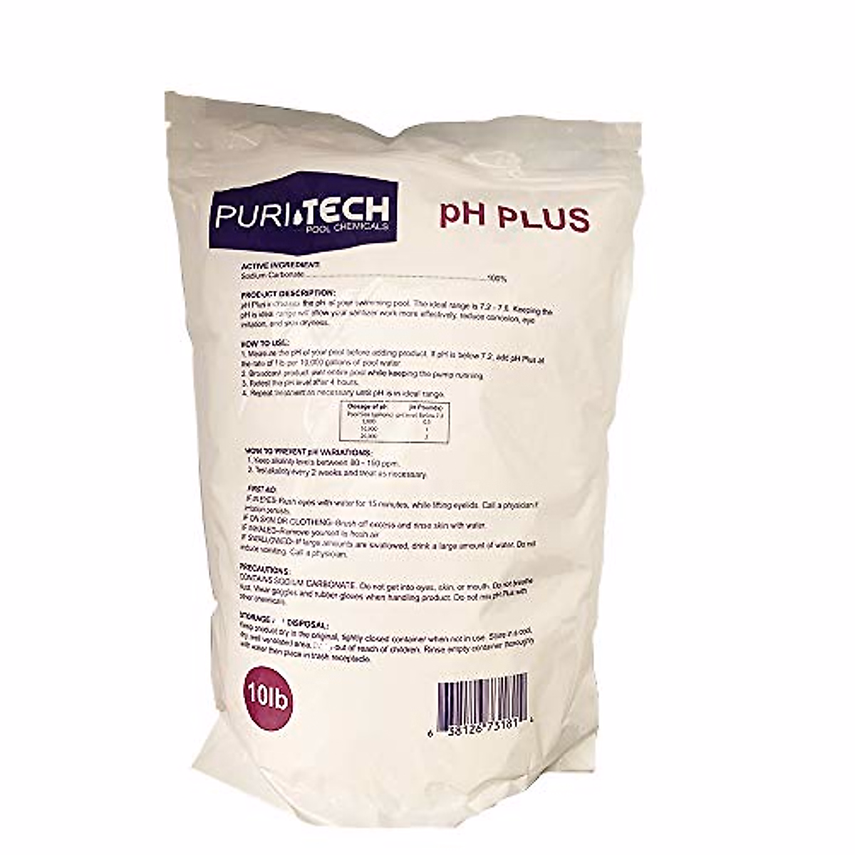 Puri Tech Chemicals pH Plus 15lb Resealable Bag for Swimming Pools & Spas pH Increaser Up Balancer 100% Sodium Carbonate Increases pH & Chlorine Effectiveness