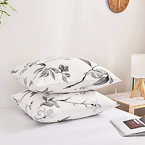 NANKO Queen Pillow Case Set (2 Pack), White Floral Printed Pattern Pillowcases/Pillow Shams for Modern Duvet Cover/Bed Sheets Set- 20x30 inch Standard, Grey Flower Leaf