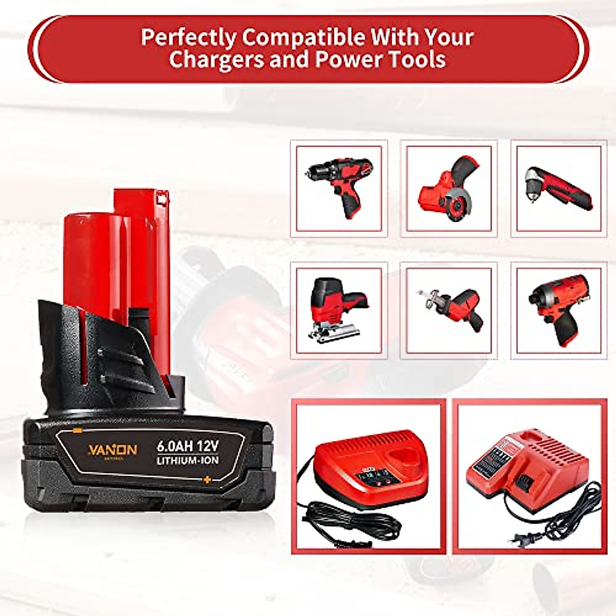 VANON 6.0Ah 12V Batteries Replacement for Milwaukee M-12 Battery XC Lithium Ion Compatible with Milwaukee 12 Volt 48-11-2401 48-11-2402 48-11-2460 48-59-2401 Cordless Power Tools 2Pack