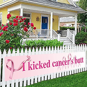 GENERC Large I Kicked Cancer's Butt Banner, Pink Ribbon Party Sign Decoration Hope Strength Courage Faith Backdrop for Breast Cancer Awareness Party Decoration Supplies - 118'' x 19.7''