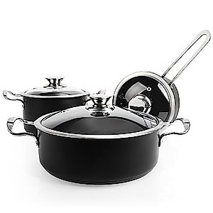 Stainless Steel Cookware Set, Black 6-Piece Pot Set, Kitchen Cookware Sets with Glass Lids, Stay-Cool Handle, Oven Safe, Works with Induction, Electric and Gas Cooktops