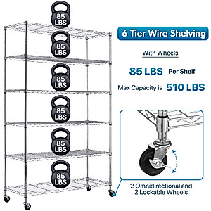 6 Tier Wire Shelving Unit Metal Storage Shelves w/Wheels, 350 Capacity Per Shelf, Heavy Duty Steel Garage Shelf, 48" L X 18" W X 82" H Pantry Kitchen Closet Racks