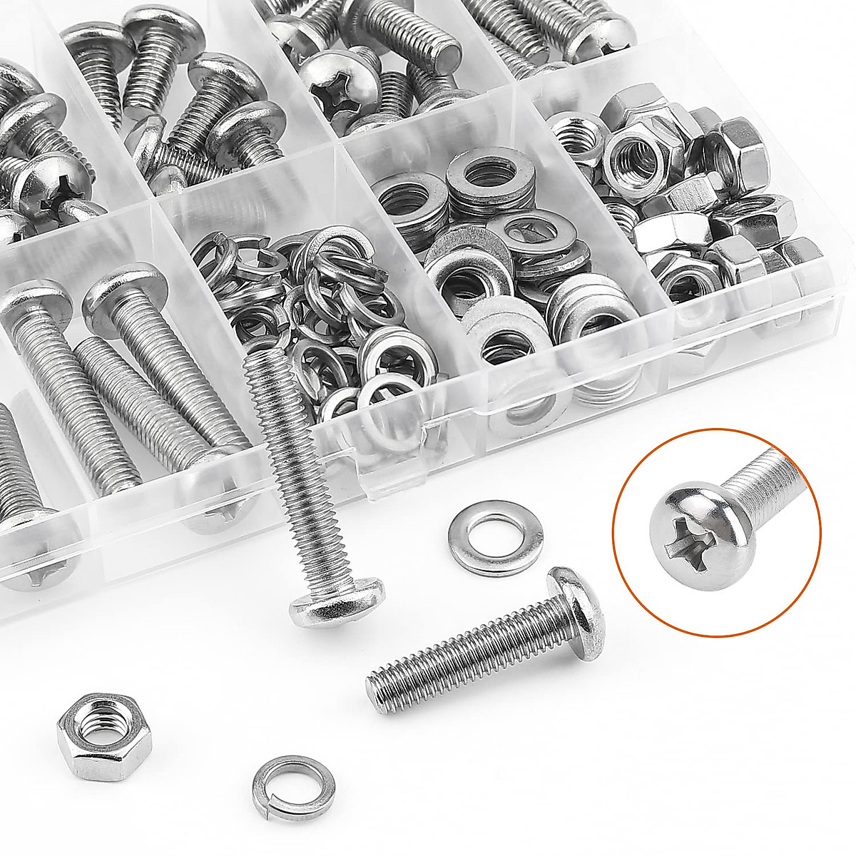 HELIFOUNER 128 Pieces M6 x 8mm /10mm /12mm /16mm /20mm /25mm /30mm, Phillips Pan Head Machine Screws, Metric Screws Bolts Washers Nuts Kit, 304 Stainless Steel