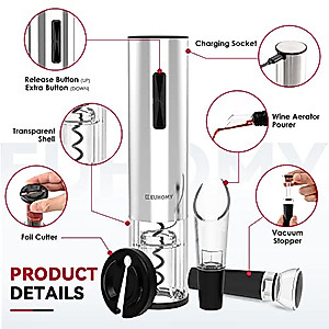 EUHOMY Electric Wine Opener with USB Charging,Reusable Stainless Steel Cordless Electric Wine Bottle Opener SET with 2-in-1 Aerator &Pourer, Foil Cutter, Vacuum Preservation Stoppers