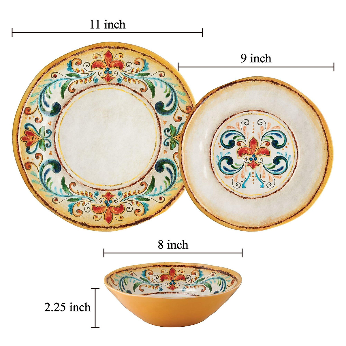 UPware 12-Piece Melamine Dinnerware Set, Includes Dinner Plates, Salad Plates, Bowls, Service for 4. (Tuscany)
