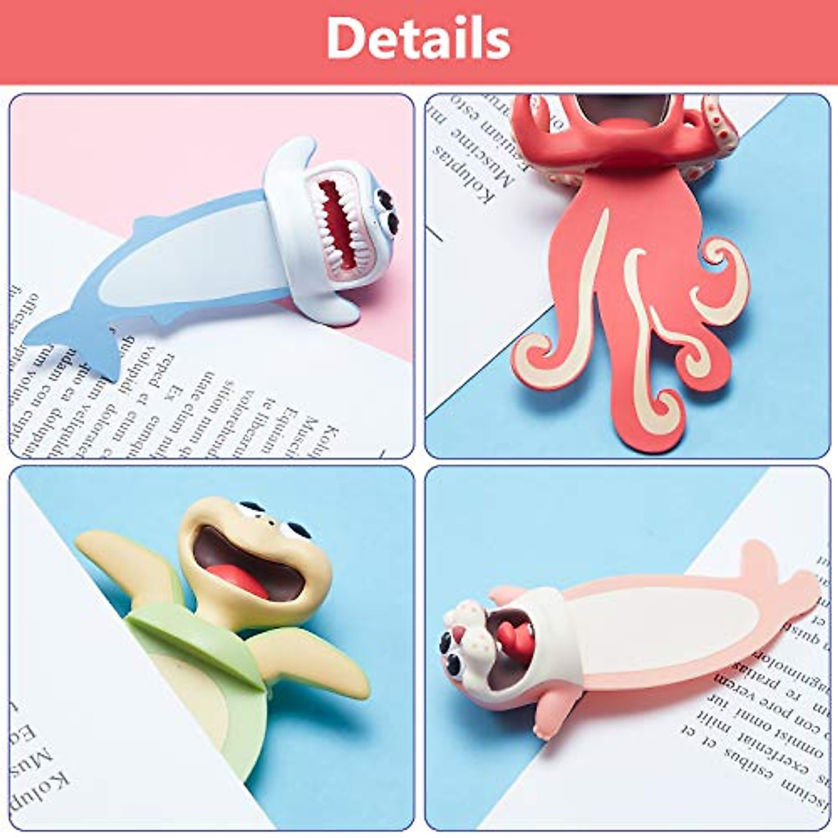 4 Pieces 3D Cartoon Animal Bookmark Funny Animals Reading Bookmark Wacky Bookmark Cute Bookmarks Squashed Ocean Animals Stationery for Teens, Boys and Girls Students