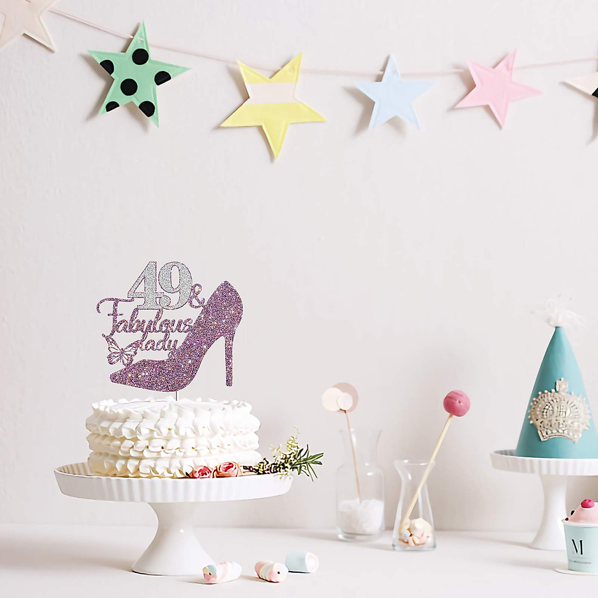 Dalaber 49 & Fabulous Cake Topper, Happy 49th Birthday Party Decoration Supplies Photo Booth Props, 49 & Fabulous Lady Cake Decor - Mix Purple Glitter