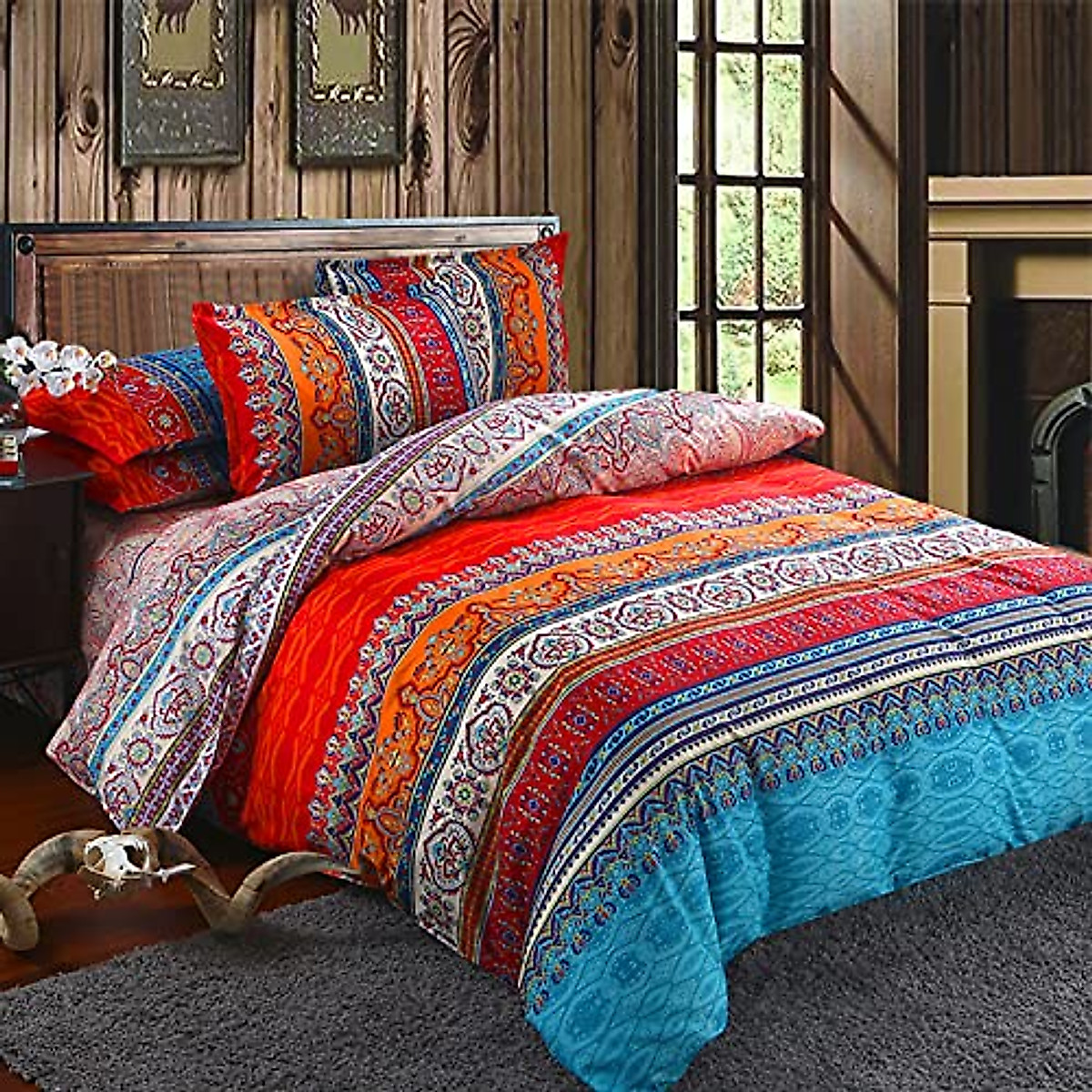 WONGS BEDDING Bohemian Quilt Set and Comforter Set Queen, Boho Striped Pattern Printed Quilt Coverlet for All Season, Soft Microfiber Boho Bedspread Set 90"x96"(3 Pieces, Queen)