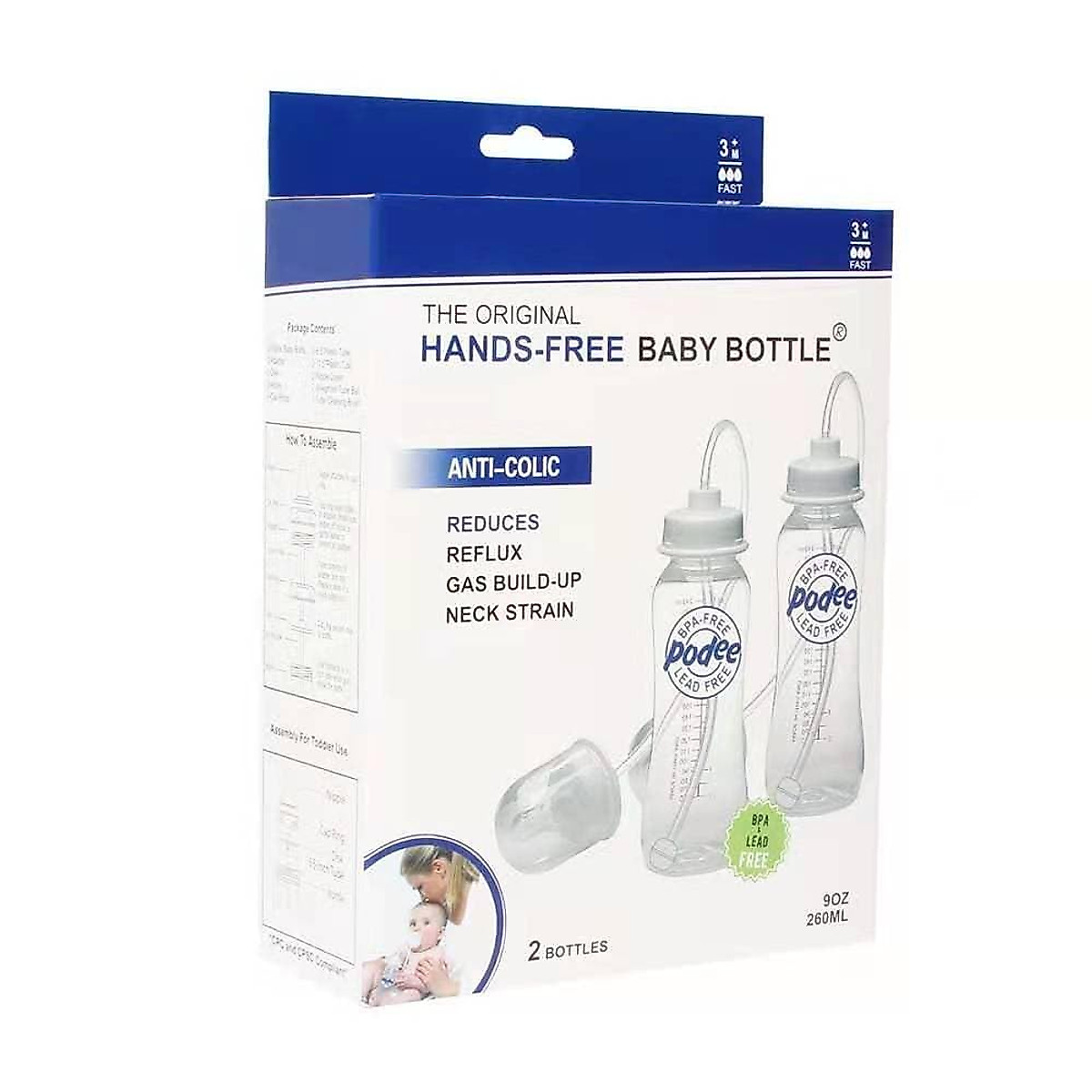 Hands-Free Baby Bottle - Anti-Colic Self Feeding 9 oz Baby Bottle Nursing System with Fast Flow Nipple/Teat 3m+ Infant (2 Bottles - Podee Blue)