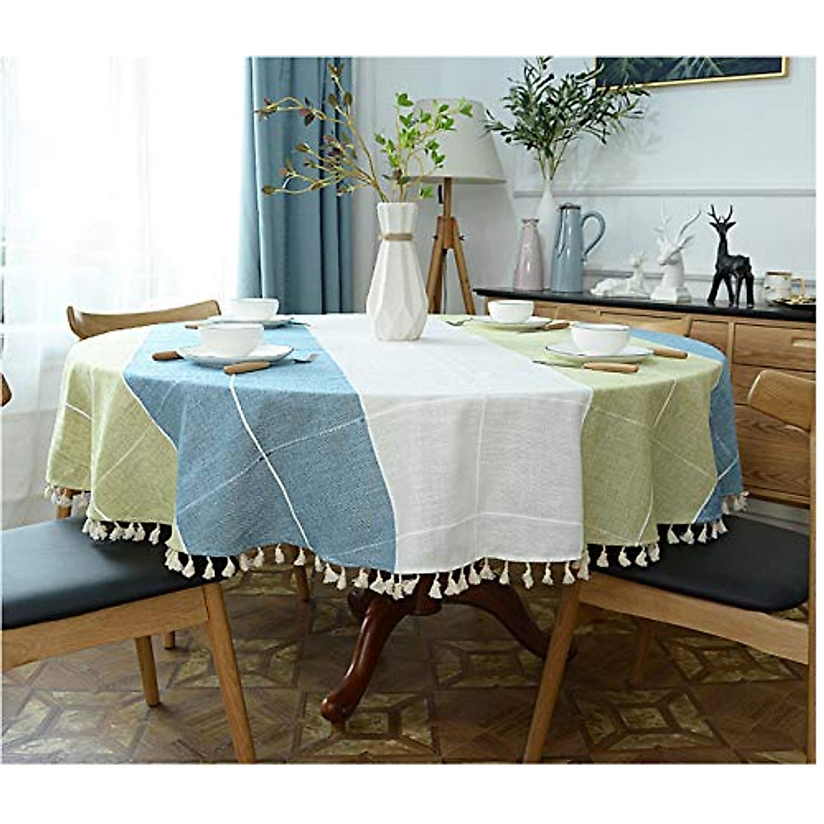 Heavy Weight Cotton Linen Tablecloth, Plaid Tassel Round Table Cover for Kitchen Dining Small Table 24"-40" (2 Seats), Round - 48", Blue Green