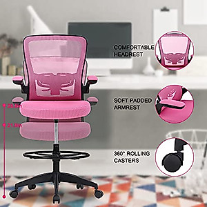 Drafting Chair Tall Office Chair Mid-Back Mesh Ergonomic Computer Chair High Adjustable Standing Desk Chair with Lumbar Support Adjustable Foot Ring and Flip-Up Arms (Pink)