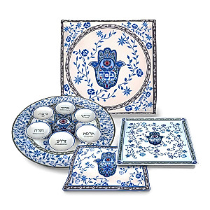 Artistic Passover Seder Dinnerware Set Floral Hamsa Design by Jessica Sporn - Quality Porcelain Round Seder Plate Square Matzah Tray Silk Matzo Cover, Afikoman bag - Pesach Decoration by Aviv Judaica