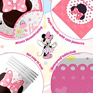 Min-niee Theme Birthday Party Supplies Tableware-113pcs Min-niee Tableware Set Include Min-niee Mou-ses Party Plates Cups Napkins Table Cloth& Spoon Set etc Party Decor, Serves 16