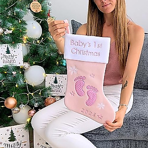 Heart's Sign Babys First Christmas Stocking 2024 Footsteps | My First Christmas Baby Boy and Baby Girl | Newborn Stockings Christmas Ornaments | Newborn Christmas Decor (Pink)