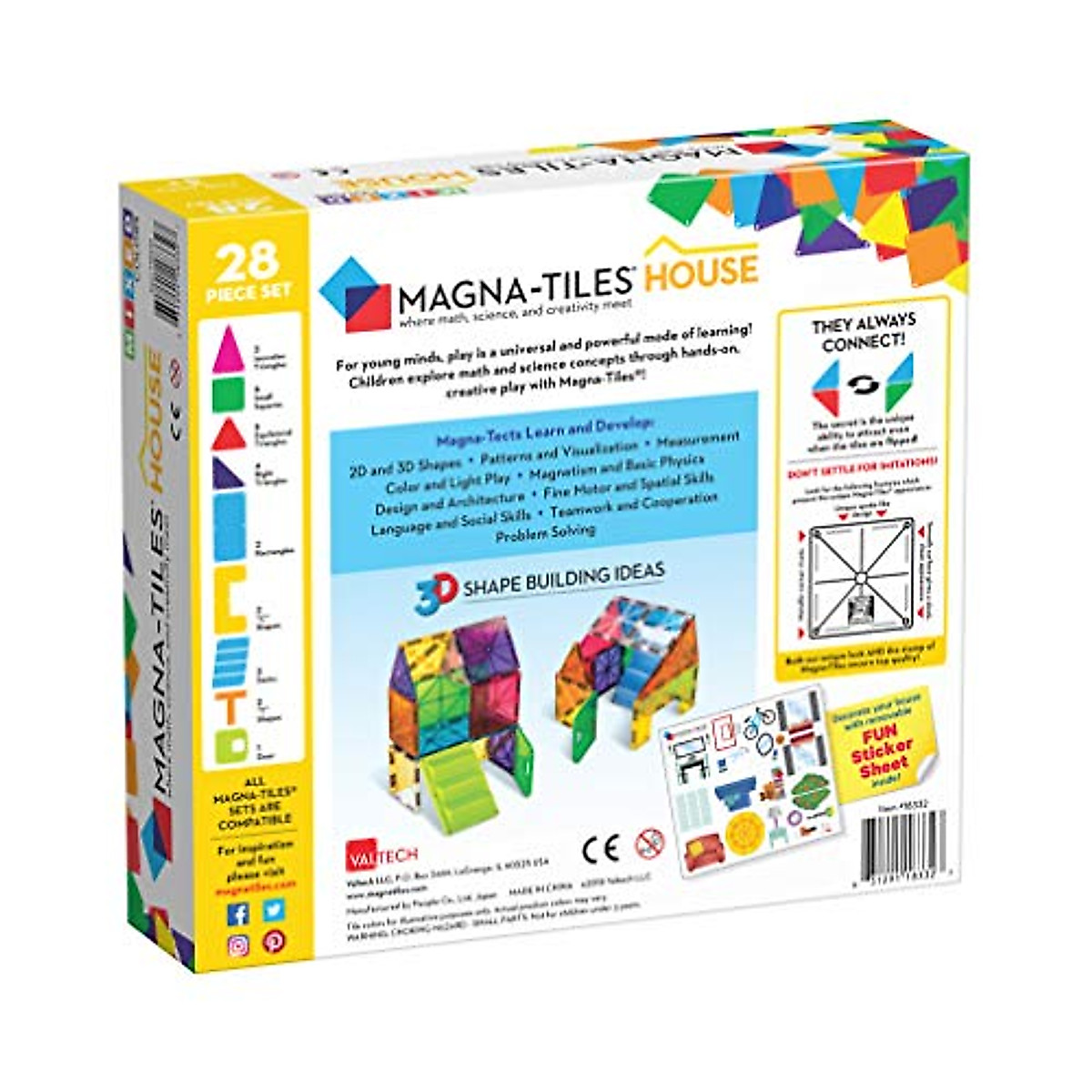 Magna-Tiles House Set, The Original Magnetic Building Tiles For Creative Open-Ended Play, Educational Toys For Children Ages 3 Years + (28 Pieces + Reusable Silicone Stickers)
