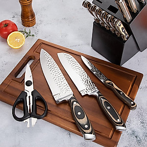 Knife Set,15 Pieces Kitchen Knife Set with Wooden Block,High Carbon Japanese Stainless Steel Knife Block Set,Ultra Sharp, Full-Tang Design ,Irregular Hammer Pattern