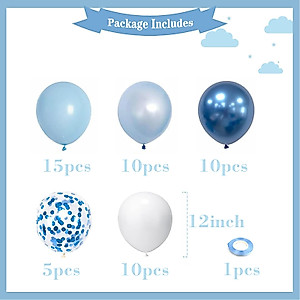 Blue and White Balloons, 50pcs 12 inch Blue White Confetti Balloons Kit, Metallic Chrome Blue Latex Balloons for Birthday, Baby Shower, Graduation Decorations