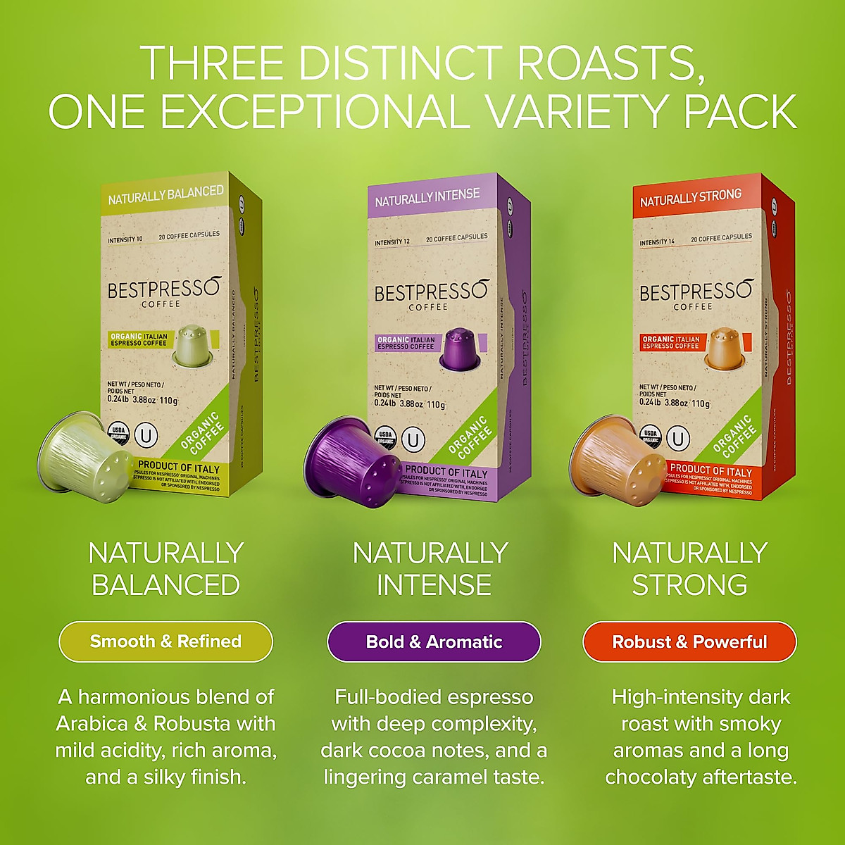 Organic USDA Bestpresso Coffee Aluminum Espresso Pods For Nespresso Original Machine 120 Pack (Variety Pack)
