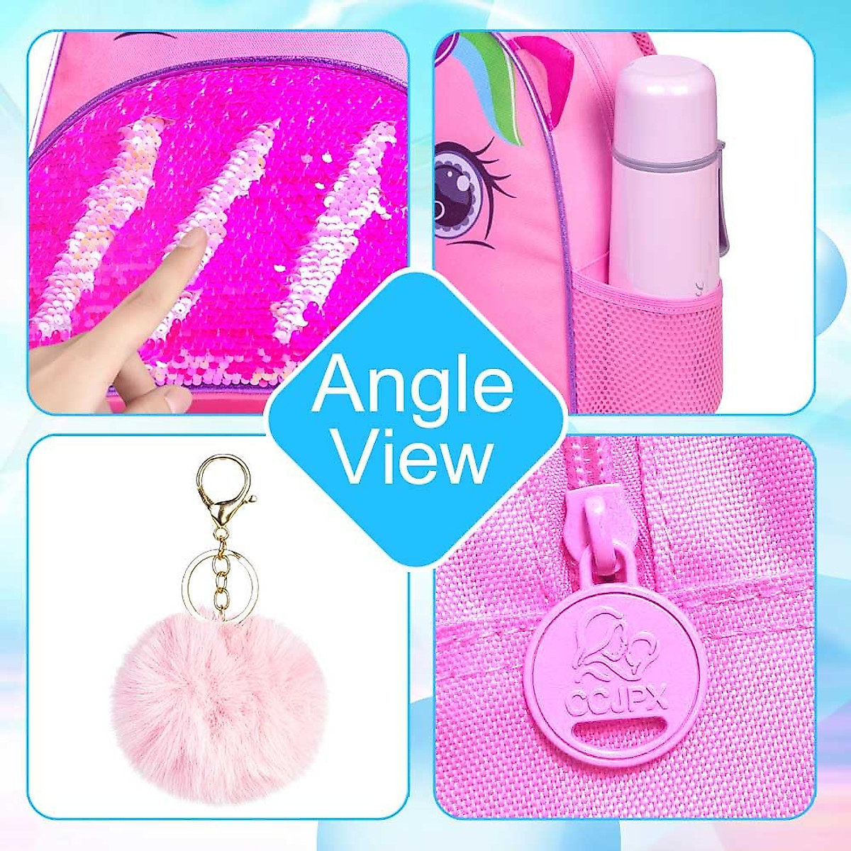 KLFVB 3PCS Toddler Backpack for Girls, 12” Cute Unicorn Preschool Bookbag and Lunch Box, Cute Kids Little Sequin Schoolbag