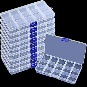 KINJOEK 10 Packs 15 Grids Bead Organizer Containers Storage Plastic Jewelry Box Adjustable Dividers Earring Storage Containers Diamond Painting Storage Case for Cross Stitch Accessories, Nails, Sewing