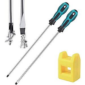 uoboeuq 2-Piece 12'' long Slotted and Phillips Screwdrive Screwdriver Set, Long Blade Screwdriver Set PH1 12-Inch Magnetic Screwdriver, 2 Packs Magnetic Screwdriver with Rubber Handle(5mmx300mm)