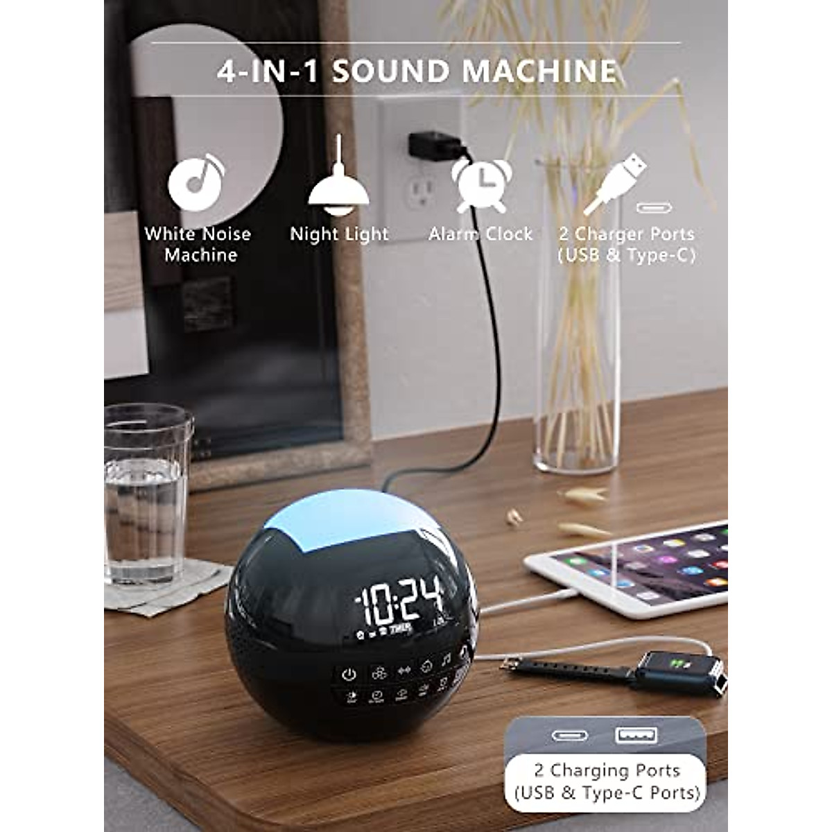 4-in-1 White Noise Sound Machine + Night Light for Kids Baby Adults, 42 Natural Soothing Sounds for Sleeping, Auto-Off Timer, Dual Alarm Clock for Bedroom Office Home, 16 Volume, 2 USB Charger Ports