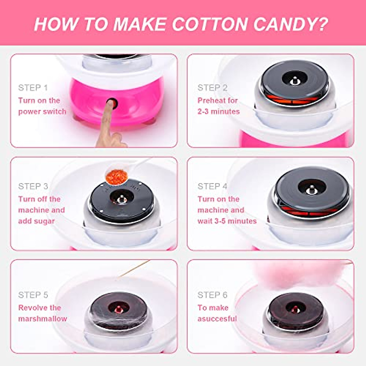 Cotton Candy Machine, 500W Portable Cotton Candy Makers for Kids Birthday Family Party Christmas Gift, Small Hard & Sugar-Free Candy Floss Making Machine with 20 Marshmallow Sticks and Sugar Scoop