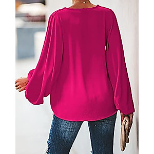 Women's V Neck Bishop Sleeve Work Blouse Top Barbie Shirts for Women Rose Red L