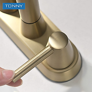 TONNY Gold Bathroom Faucet, 4-Inch Centerset Bathroom Faucet, 2 Handle Bathroom Sink Faucet with Water Supply Lines and Pop Up Drain Bathroom Faucets Brushed Gold