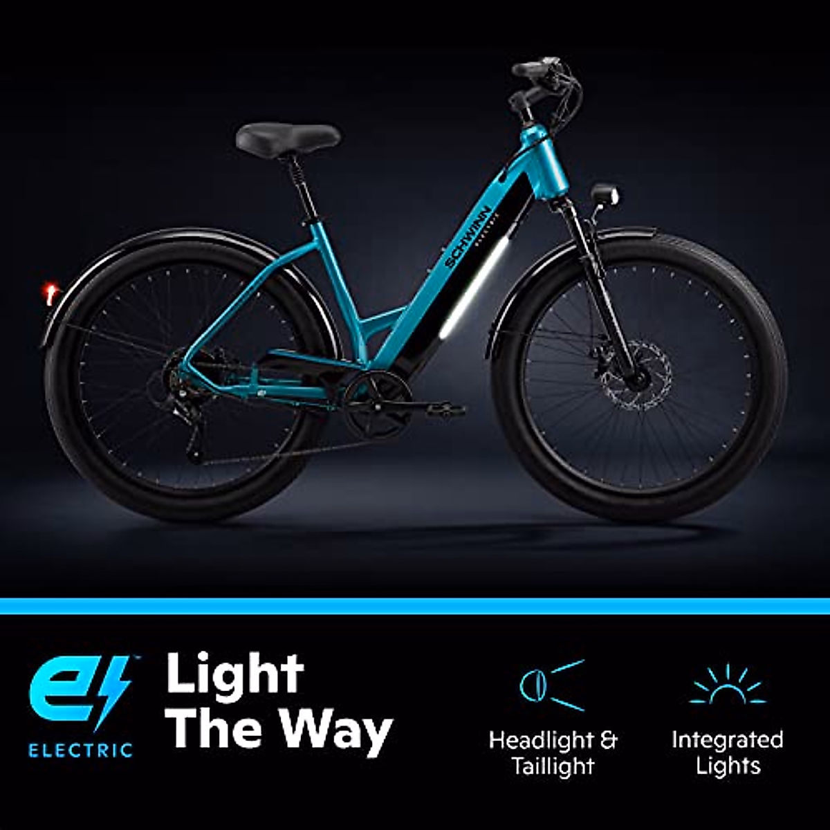 Schwinn Coston CE Hybrid Electric Bike for Adults, 20MPH eBike, Up to 35 miles on a Single Charge, 27.5-Inch Wheels, 7-Speed, Large/X-Large Step-Thru Frame, Gloss Teal