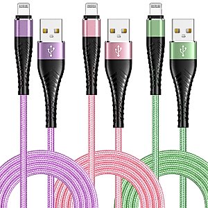 Charger iPhone 10FT 3Pack Lightning Cable Colored Nylon Braided USB Fast Charging Cord Apple MFi Certified for iPhones 14 13 12 11 SE XS Pro Max XR X 8 7 6 5 Plus