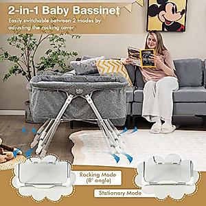 BABY JOY Bassinet, 2 in 1 Rocking Bassinet for Baby w/Detachable Curtain Cloth, Mattress, Breathable Mesh, Adjustable Height, Quick Folding Crib w/Travel Bag for Newborn Infants, Portable Bassinet
